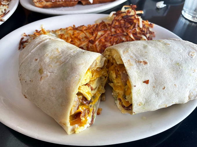The breakfast burrito—California's greatest contribution to morning cuisine. Wrapped like a present and stuffed with eggy, cheesy goodness.