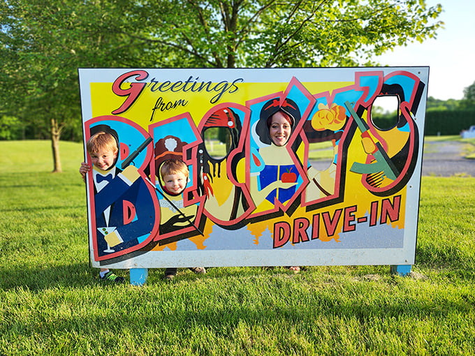 A postcard-perfect photo spot where families can stick their faces in and become part of Becky's colorful history. Say "double feature!"