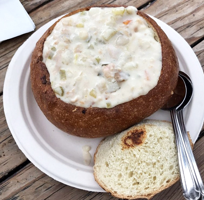 Clam chowder served in a sourdough bread bowl—California's delicious answer to "why use dishes when you can eat them?"