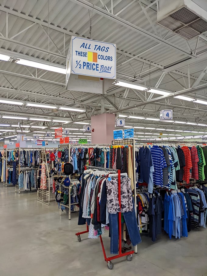 The color-coded tag system reveals itself! Half-price treasures await those who crack the code of Village Discount's rotating discount schedule.