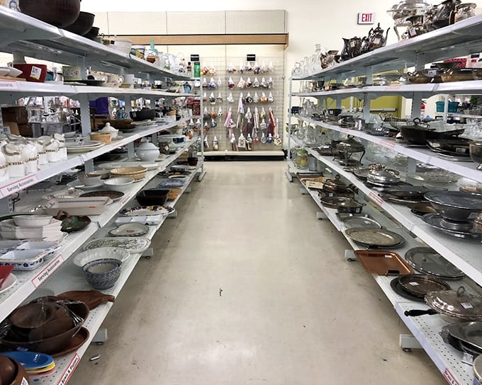 The dishware aisle at Value Village – where your grandmother's china pattern and that weird serving platter from your neighbor's 1978 dinner party finally reunite.