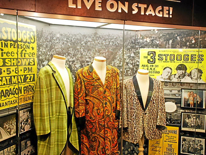 The Stooges' actual stage costumes reveal surprising craftsmanship and attention to detail—these weren't just clothes, they were comedy instruments.