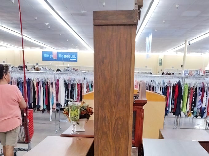 The clothing section reveals racks bursting with possibilities—where fashion from every decade hangs together in democratic harmony.