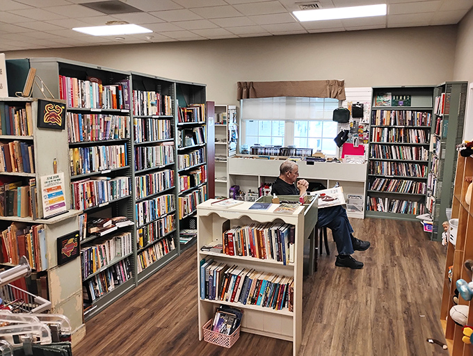 The book section – where bibliophiles can lose track of time and emerge with armfuls of literary treasures for less than the price of one new hardcover.