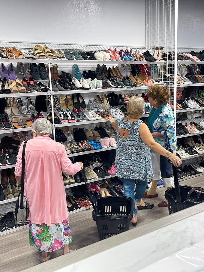 The shoe section brings shoppers together in the universal quest for that perfect pair. The thrill of the hunt transcends generations.