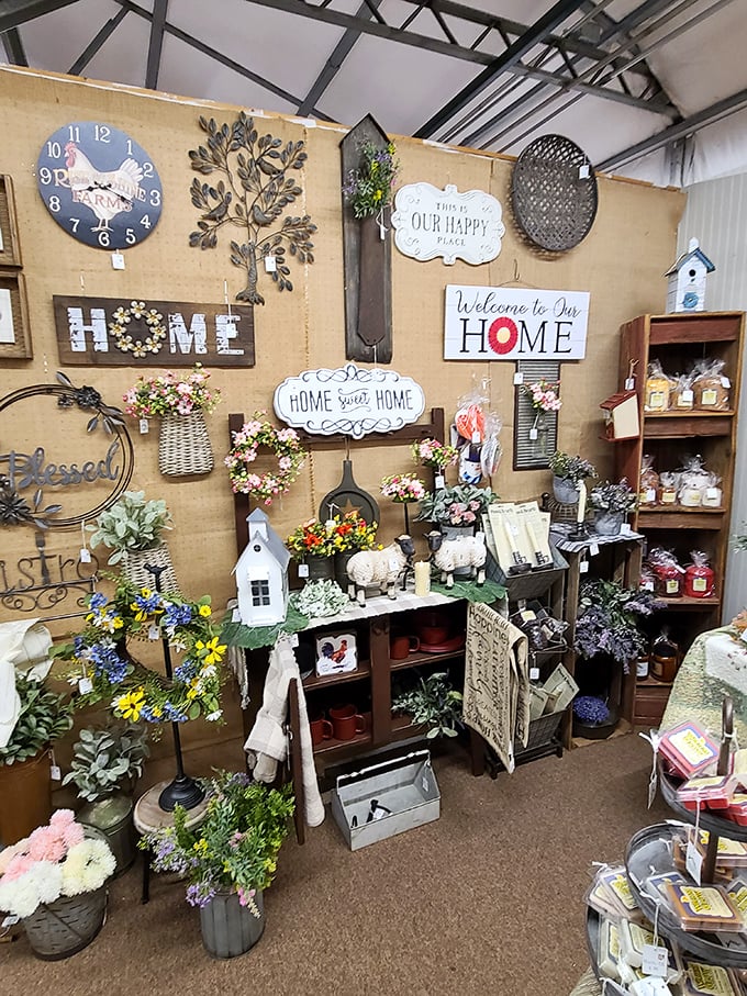 The "HOME sweet HOME" booth is farmhouse chic central. One person's wall décor obsession has become another's decorating inspiration station.