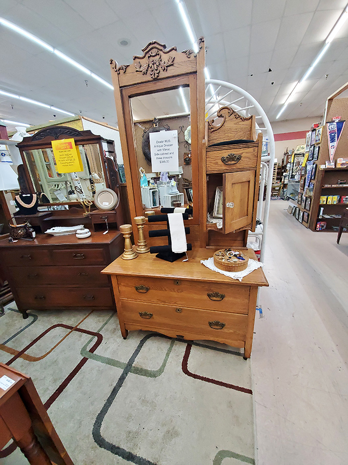Not just a dresser – a time portal to mornings spent primping before rotary phones and telegram deliveries. Mirror, mirror on the wall...