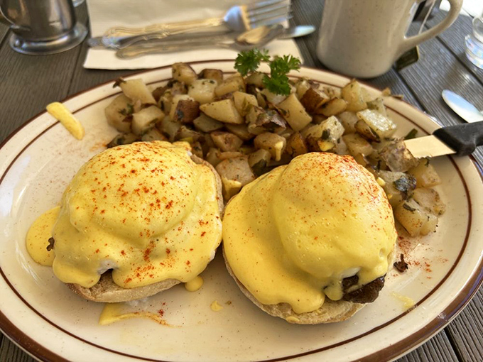 Eggs Benedict perfection – golden hollandaise cascading over English muffins like a sunrise over Lake Tahoe.