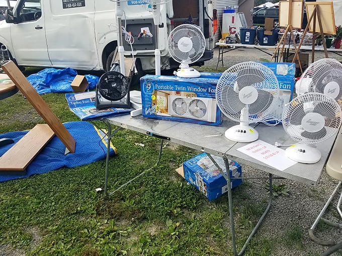 Summer salvation in Pennsylvania heat. These fans represent the practical side of flea market finds—functional treasures that keep both wallets and foreheads cool.
