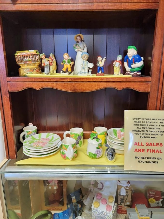 A porcelain gathering where Snow White meets vintage dishware. These figurines have seen decades of American living rooms and are ready for their second act.