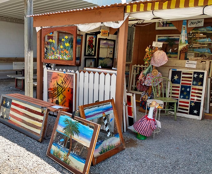 Rustic artwork that speaks to the soul—where else can you find patriotic flags, serene landscapes, and inspirational quotes all in one leisurely stroll?