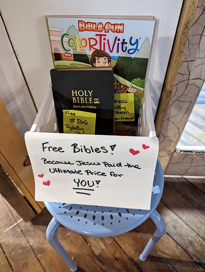 Even spiritual treasures find their place here – free Bibles offered with heartfelt sincerity amid the commercial landscape of collectibles. 