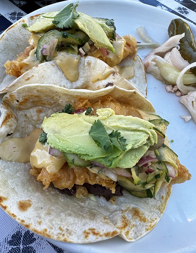 Fish tacos elevated to art form—crispy battered fish, creamy avocado, and tangy slaw create a harmony that makes your taste buds feel like they're attending the symphony.