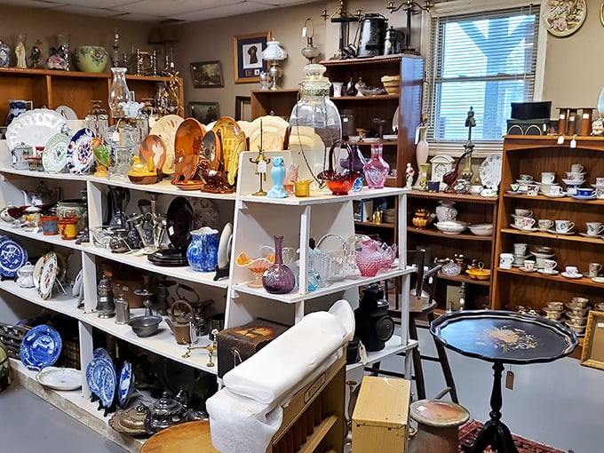 Crystal, porcelain, and glass treasures arranged with more care than a museum exhibit—but unlike museums, you can take these home.