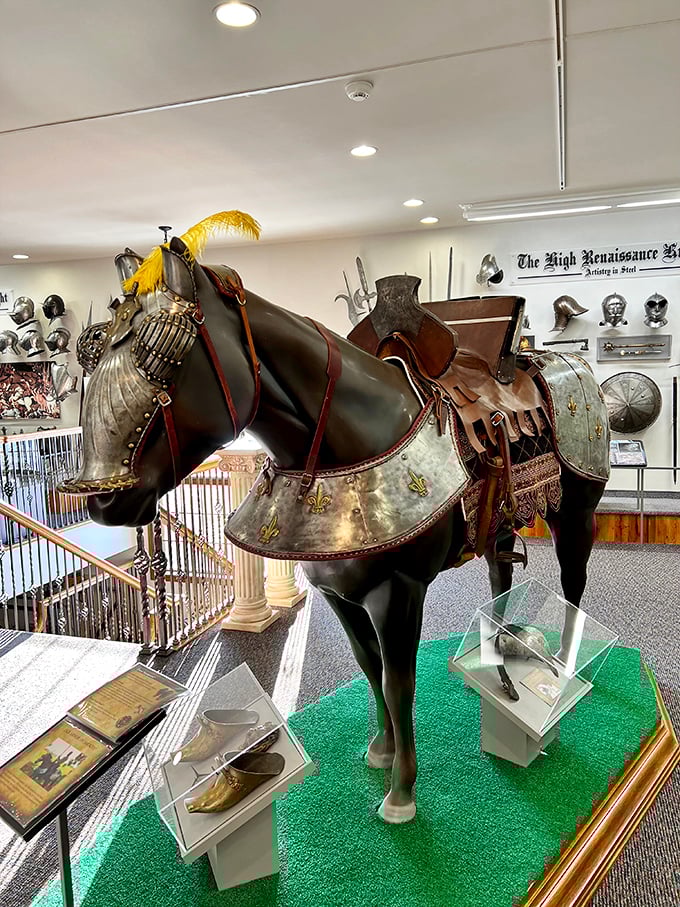 This armored warhorse looks ready for battle – though I suspect the original riders didn't have the luxury of green carpet under their steeds.