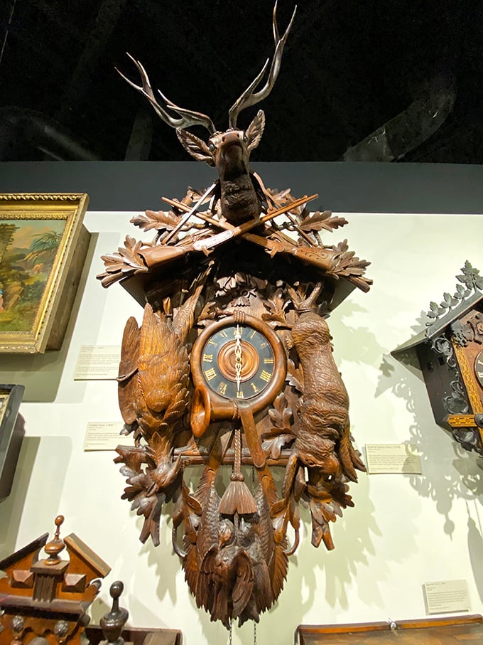 When hunters needed to tell time, they didn't mess around. This elaborately carved cuckoo clock celebrates the wild with more woodland creatures than a Disney forest.