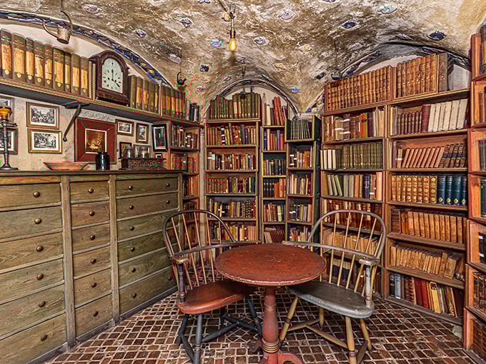 Forget stuffy libraries—Mercer's book nook feels like the cozy den of a well-traveled wizard, with concrete walls embracing centuries of knowledge.