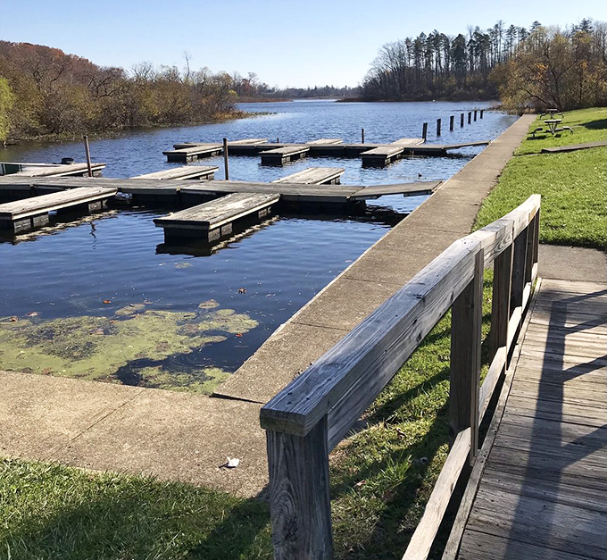 Boat slips standing at attention like eager soldiers, ready to welcome vessels of all shapes for a day on Punderson's waters.