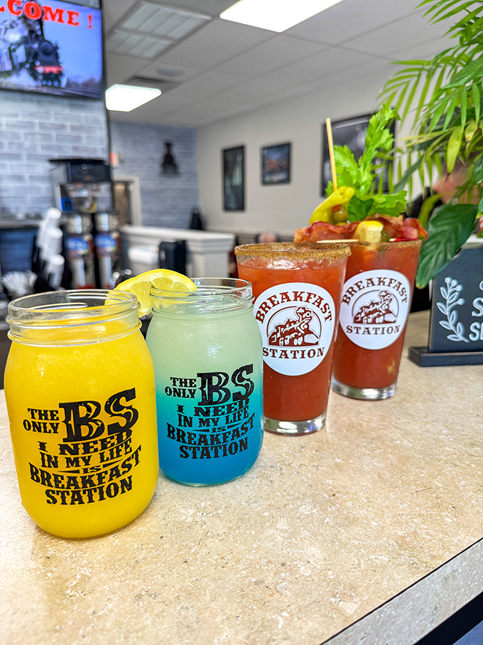 Breakfast cocktails in mason jars declaring "The only BS I need in my life"—a morning philosophy we should all consider adopting.