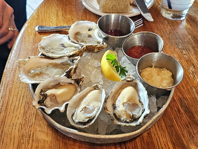 Oysters so fresh they practically wink at you from the ice. The three dipping sauces are just showing off at this point.