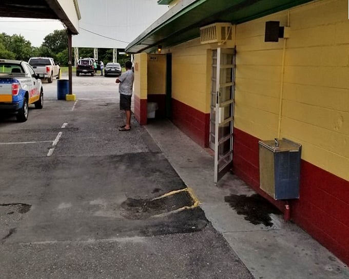 Simple pleasures: the yellow and red painted concession building offers a moment of respite between cinematic adventures.