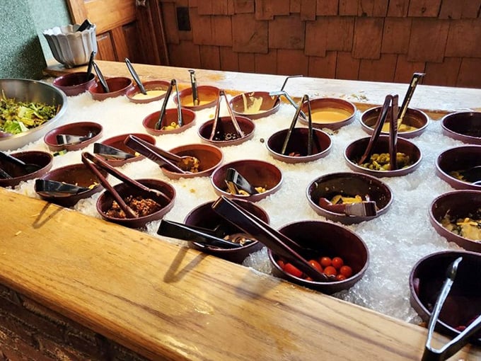 A salad bar that's actually an adventure—each little boat harboring different treasures. It's like a choose-your-own-ending novel, but with bacon bits and croutons.
