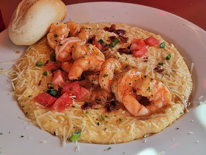 Shrimp and grits that would make a Southern grandmother weep with joy. Those plump Gulf shrimp lounging on creamy grits like they're at a five-star resort.