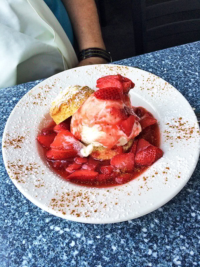Strawberry shortcake reimagined: a cloud of ice cream atop a golden cake island in a crimson sea of berries—dessert that's worth every single calorie.