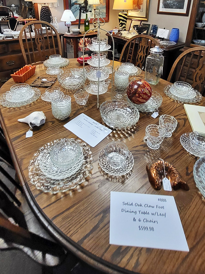 This isn't just glassware—it's a crystal reunion on a solid oak table, waiting for your next dinner party to shine.