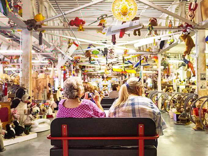 Visitors glide through a wonderland of suspended toys and treasures. Look up or you'll miss half the collection!