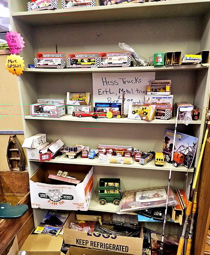 Vintage Hess trucks and collectible toys line these shelves like a museum of childhood memories. Someone's nostalgia is about to be triggered.