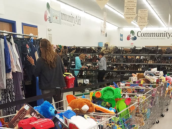 Treasure hunters in their natural habitat, carts brimming with colorful toys and clothing finds—the thrill of the hunt captured in real time.