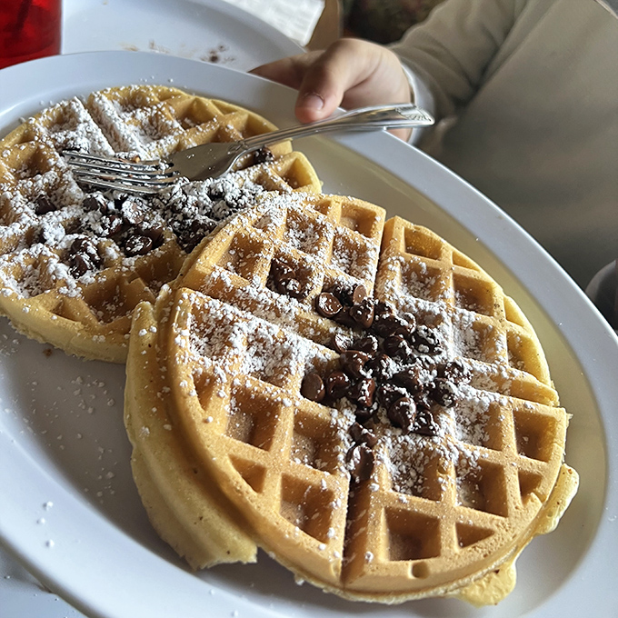 These golden waffles dusted with powdered sugar and chocolate chips aren't just breakfast – they're what weekend dreams are made of.