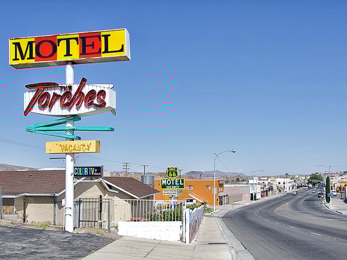 Route 66 nostalgia meets desert affordability in Barstow, where vintage motel signs remind us of simpler—and cheaper—times.