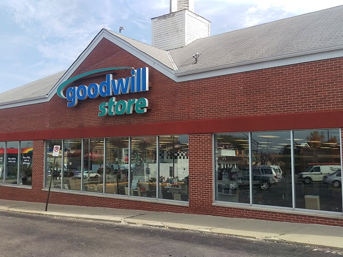 The familiar Goodwill blue welcomes you like an old friend who always has something interesting.