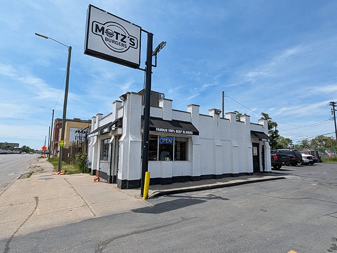 Motz's white castle-like building is the humble fortress where slider dreams come true. No frills, all thrills.