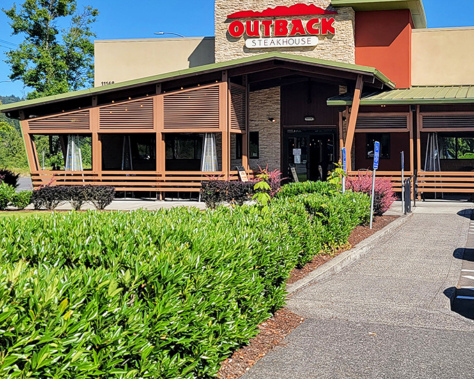 Outback's modern exterior hides traditional steak mastery inside. Those manicured shrubs are just the opening act for the real star—the beef.