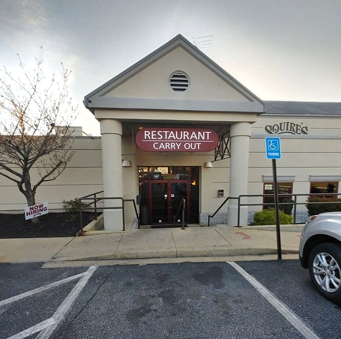 Squire's understated entrance belies the pizza treasures within. That "Restaurant Carry Out" sign has guided hungry Baltimoreans for years.