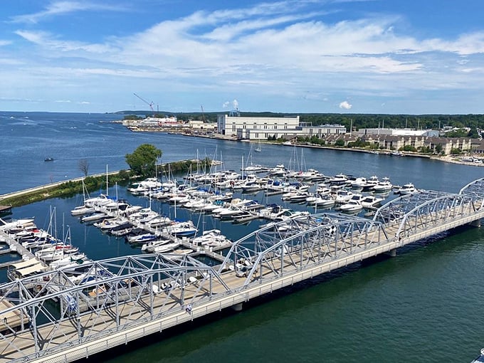 Sturgeon Bay's marina: where million-dollar yachts mingle with fishing boats like it's no big deal.