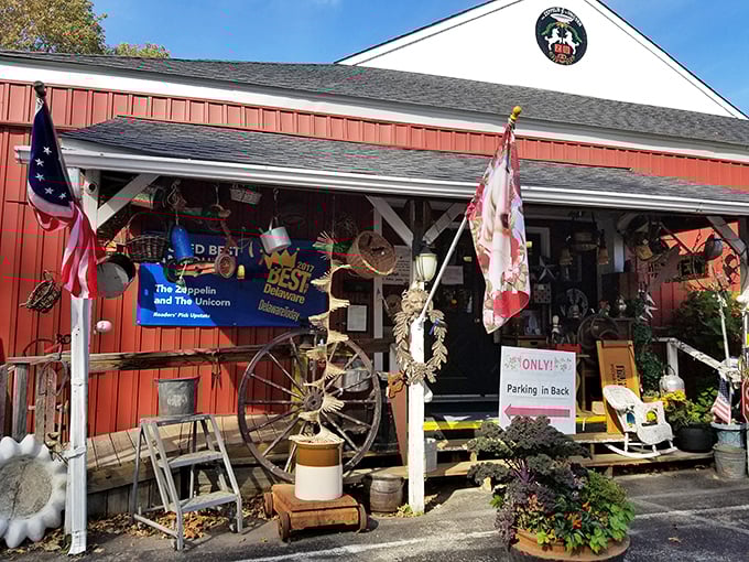 The Zeppelin and The Unicorn's barn-red exterior promises whimsy and wonder before you even step inside.