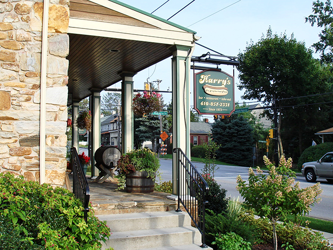 The charming entrance to Harry's, with its stone steps and hanging plants, feels like walking into your fancy friend's house – if that friend made incredible hot dogs.