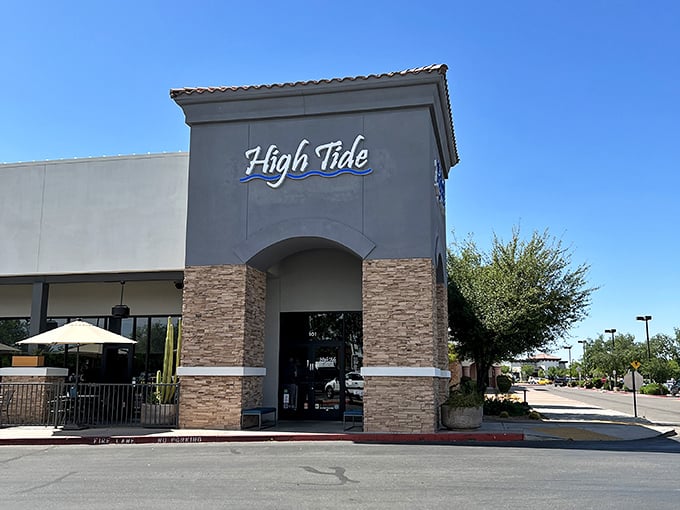 The Arizona sun highlights High Tide's inviting entrance—proof that great seafood can flourish anywhere.
