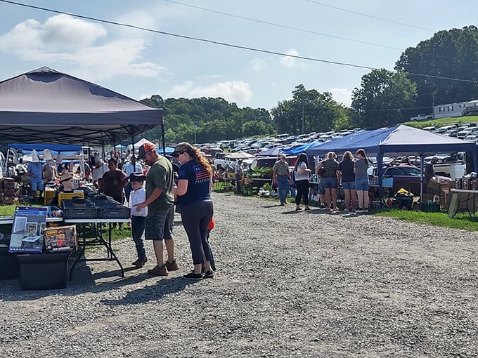Deals as far as the eye can see! Shoppers browse under tents at the expansive Jonesborough Flea Market.