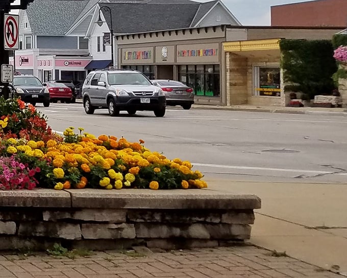 Menomonee Falls' downtown streets bloom with flowers that seem to say, "Slow down, you're home now."