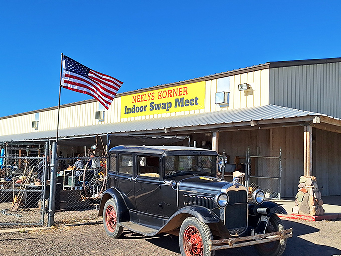 That classic car isn't just for show—it's setting the stage for the retro treasures waiting inside this indoor-outdoor bargain bonanza.