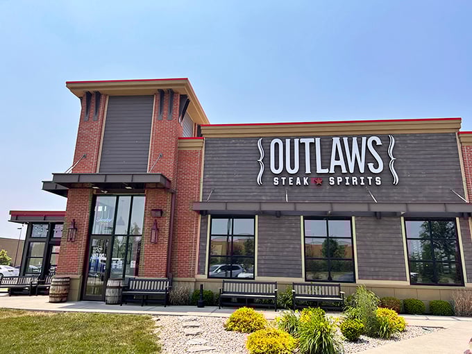 Modern meets rustic at Outlaws, where the building's design hints at the bold flavors waiting on your plate.