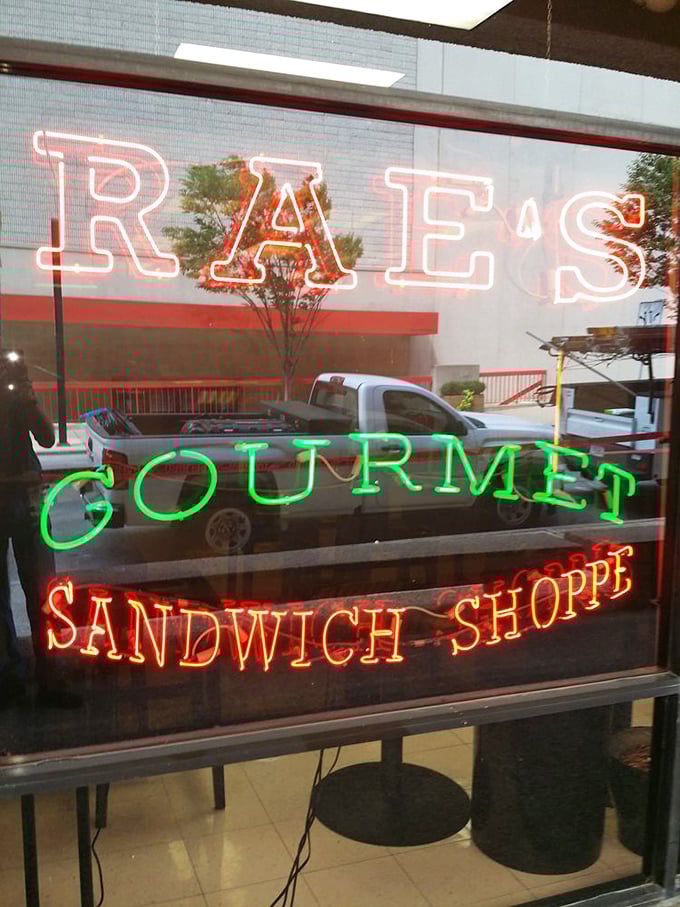 Those vibrant red, green, and white neon lights aren't just for show—they're fair warning that ordinary sandwiches need not apply here.