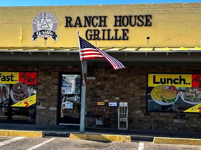 Ranch House Grille's stone facade and American flag say "come on in" – your arteries might protest, but your taste buds will thank you.