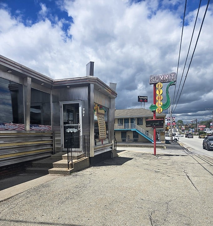 The classic silver diner silhouette against Pennsylvania sky – some architectural styles are timeless for good reason.