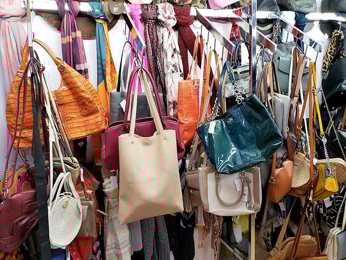 Handbags hanging like ripe fruit, ready to be plucked by savvy shoppers with champagne taste.